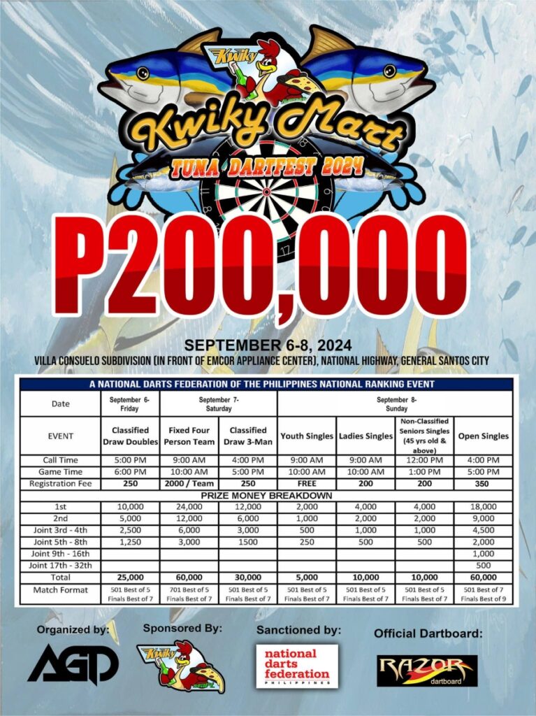 P200,000 Kwiky Mart Tuna Dartfest 2024 National Dart Tournament ...